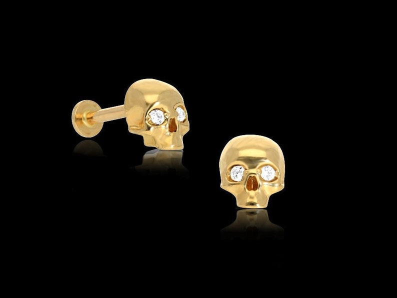 14K Solid 585 Gold Diamond Skull Piercing Fine Body Jewelry - Etsy