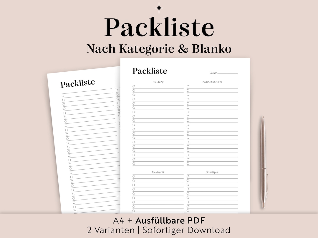 Packliste zum ausdrucken | Mit Kategorien & Blanko | Sofortiger ...