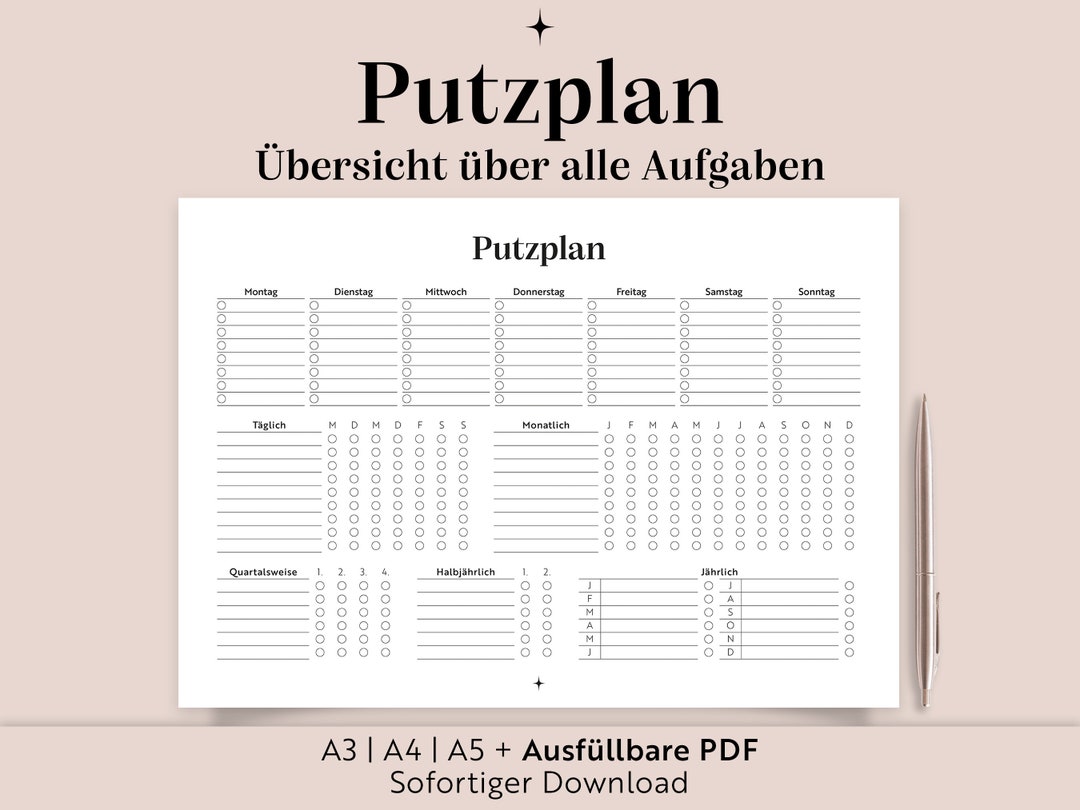 Putzplan Vorlage | A3/A4/A5/Ausfüllbare PDF | Zum ausdrucken ...
