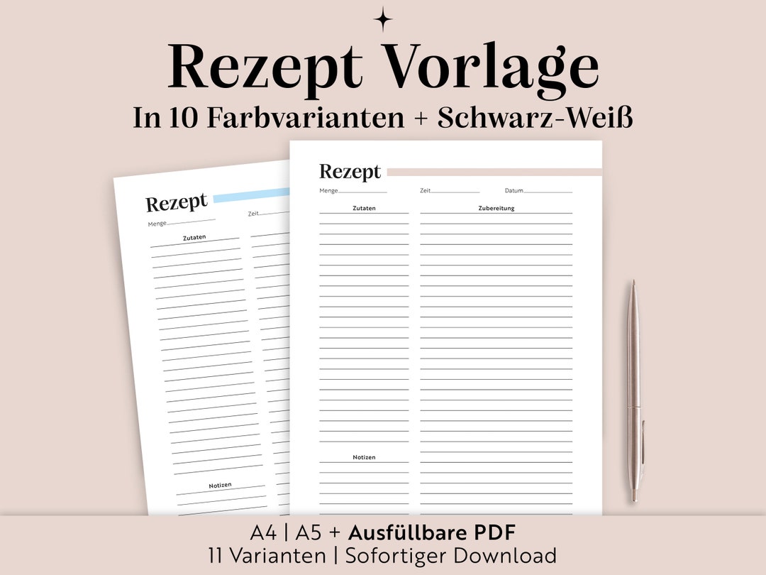 Recipe Template in 10 Color Variations to Print German Recipe Card ...