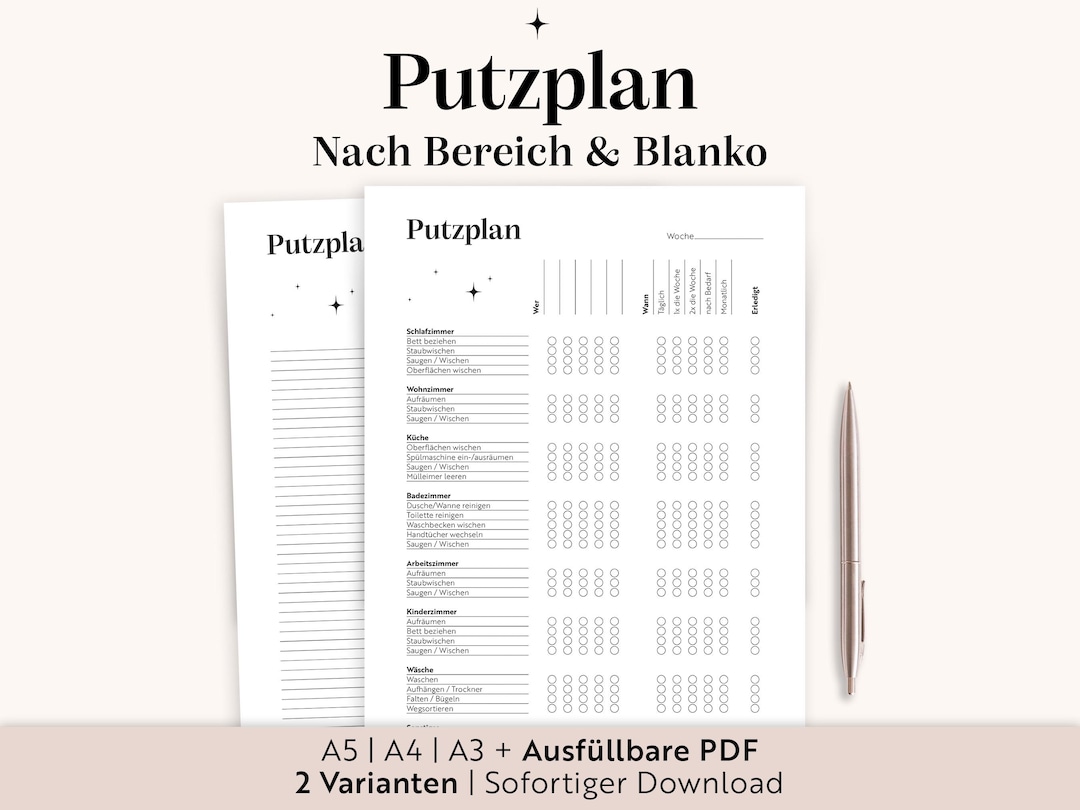Putzplan Vorlage zum Ausdrucken (A5/A4/A3, ausfüllbare PDF ...