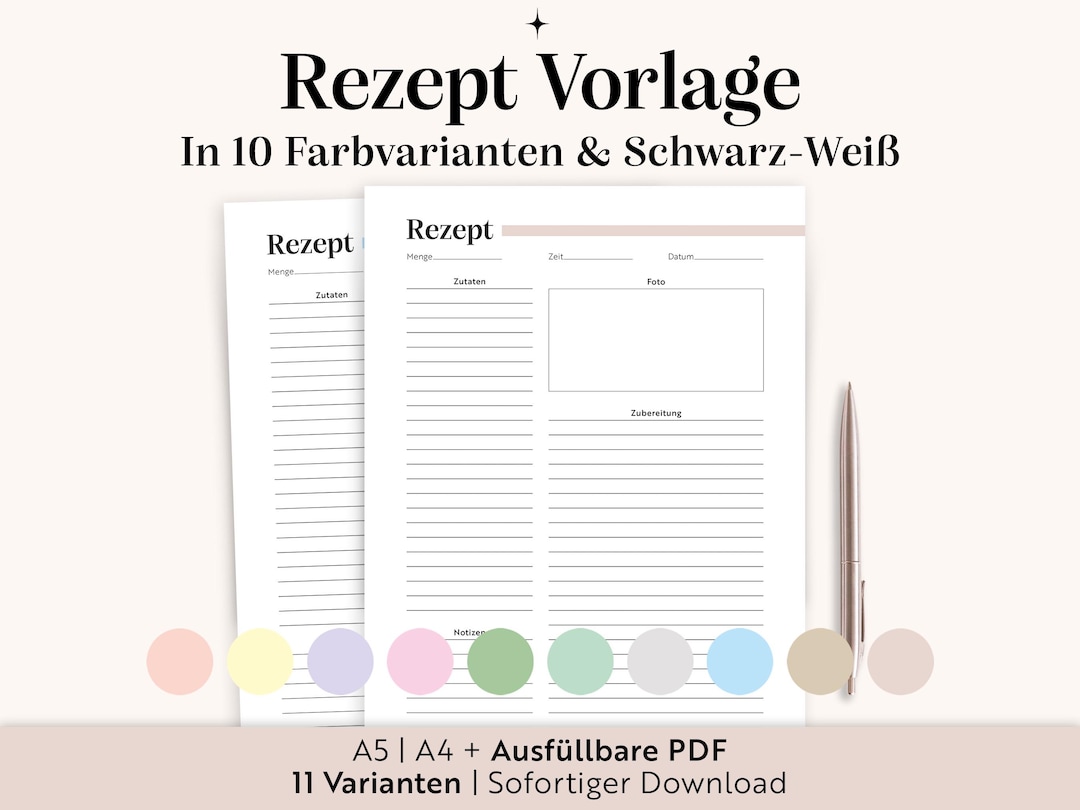Rezeptvorlage zum Ausdrucken (A4/A5, ausfüllbare PDF) | Rezeptkarte ...