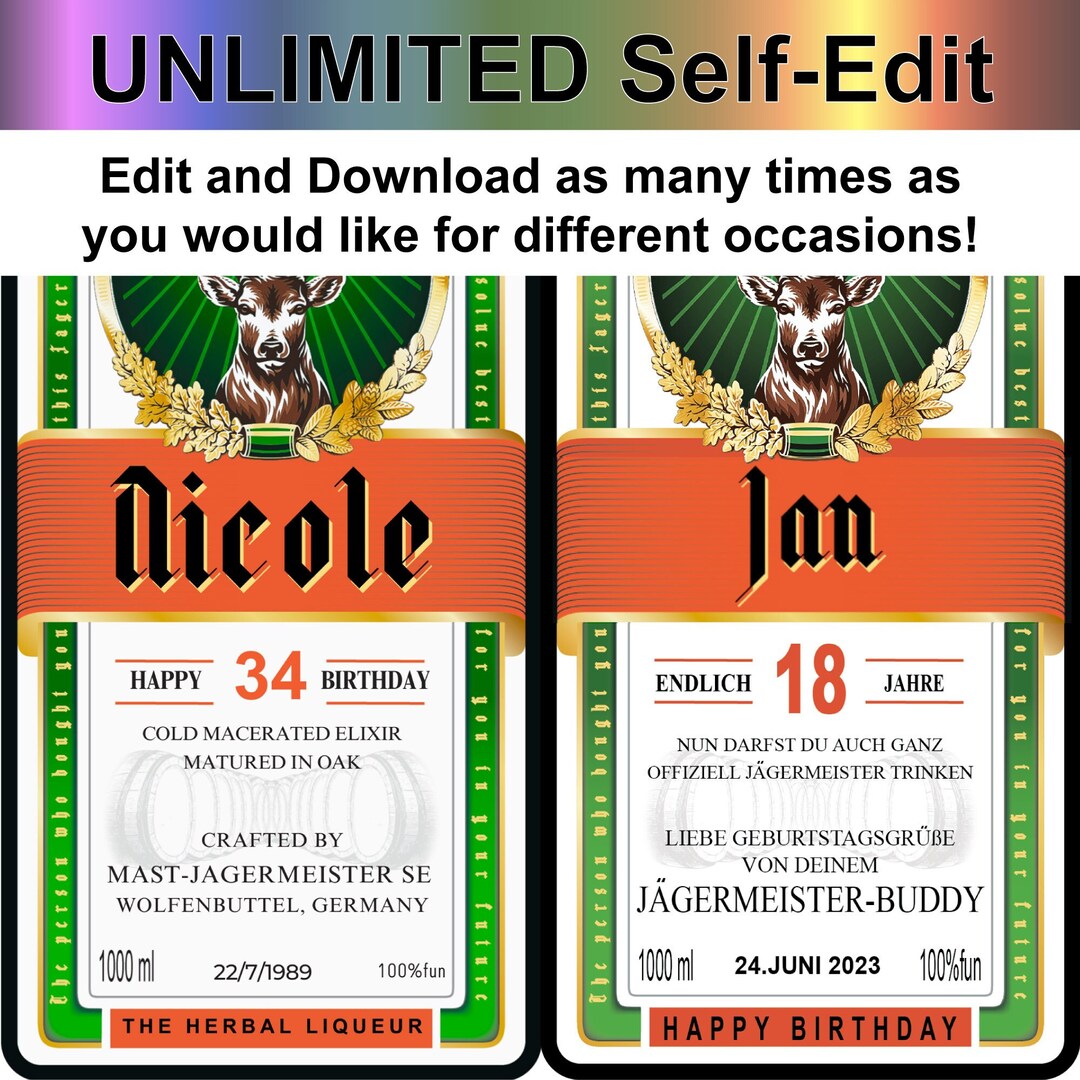 Unlimited Self-edit 1000ml Custom Jagermeister Personalized Label Canva ...