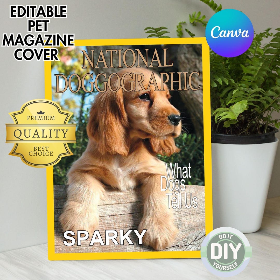 Editable National Doggographic Pet Magazine Cover Canva Template Bundle ...