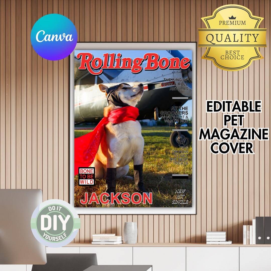 Editable Rolling Bone Pet Magazine Cover Canva Template Bundle, Dog Magazine Poster, Custom Pet ...