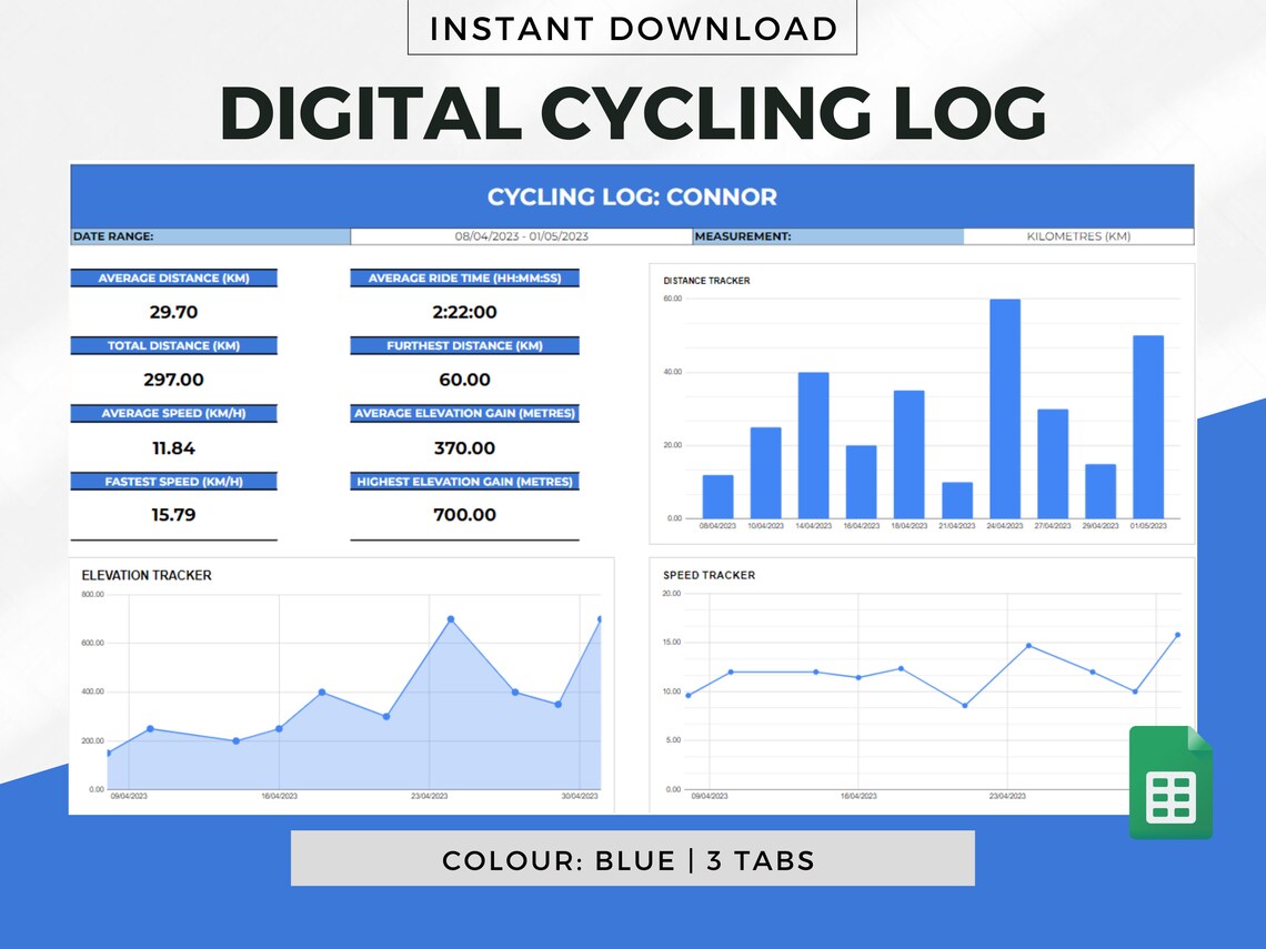 Digital Cycling Log Spreadsheet Template for Google Sheets - Blue ...