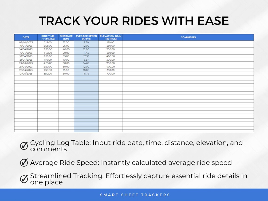 Digital Cycling Log Spreadsheet Template for Google Sheets - Blue ...