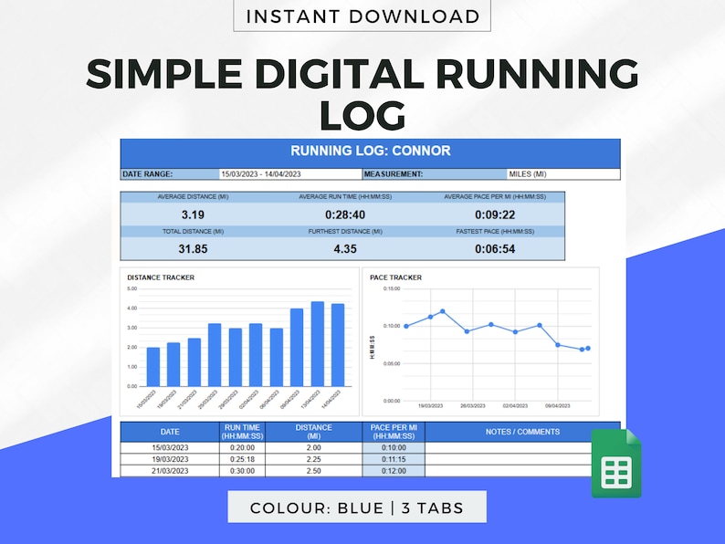 SIMPLE Digital Running Log Template for Google Sheets - Blue, Running ...