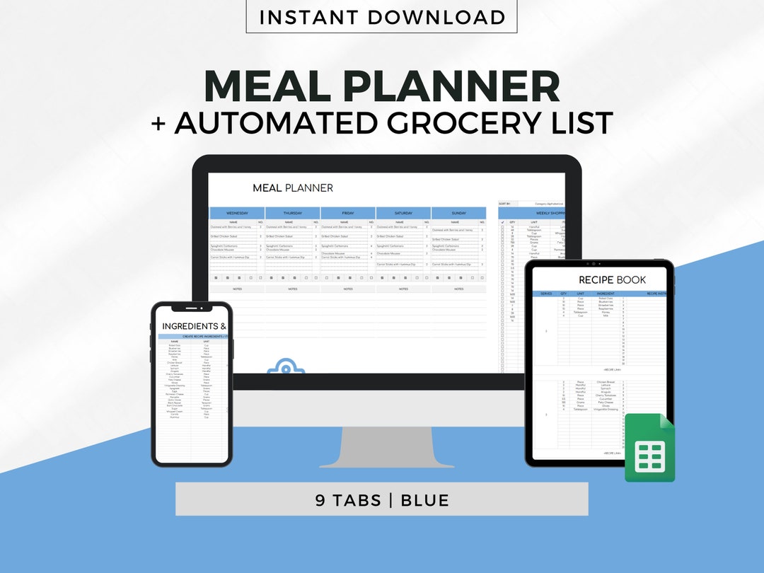 Meal Planner and Grocery List Google Sheets | Weekly Meal Planner and ...