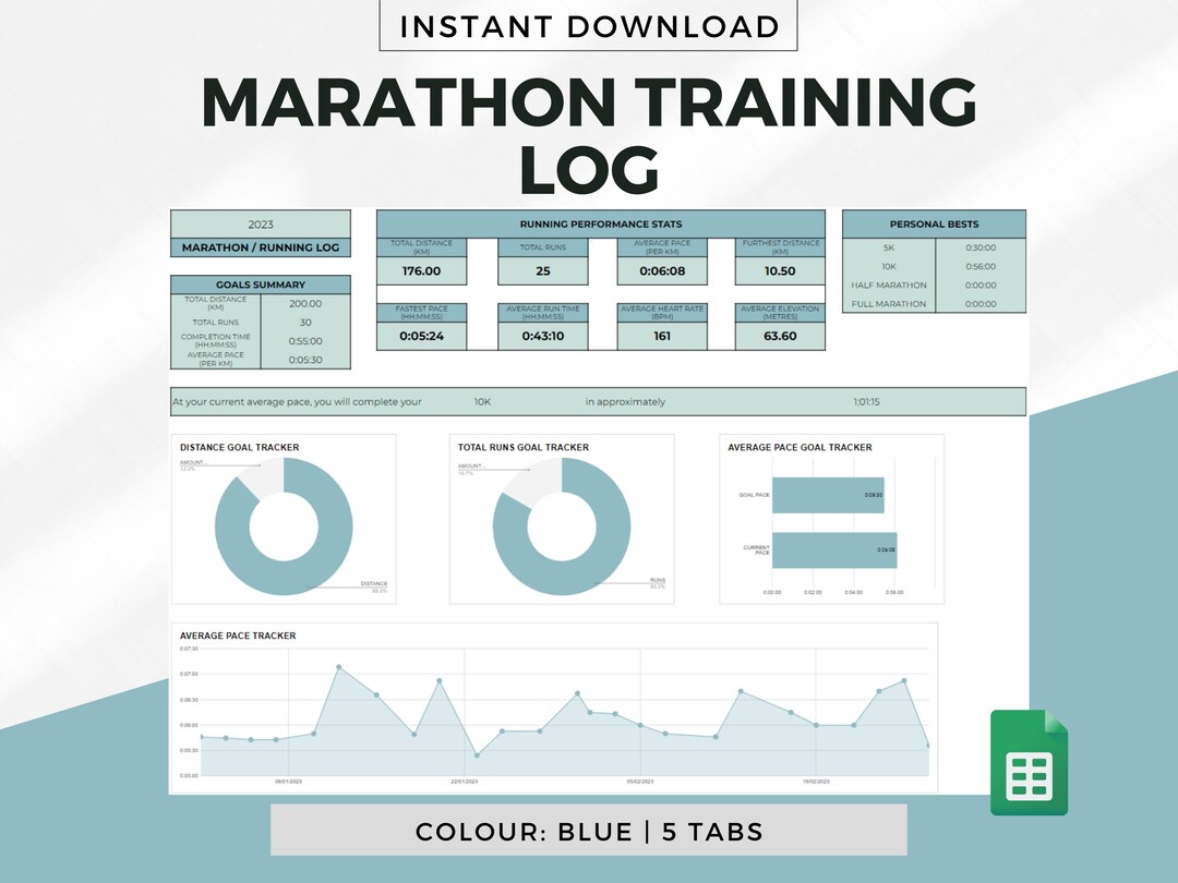 Marathon Training Log Spreadsheet for Google Sheets - Teal, Running Log ...