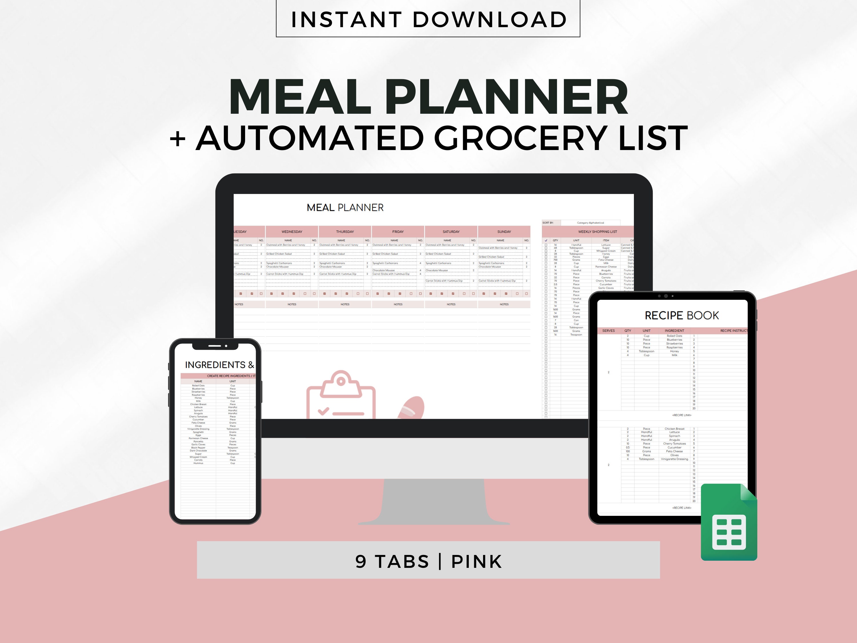 Weekly Meal Planner Spreadsheet for Google Sheets, Recipe Builder ...