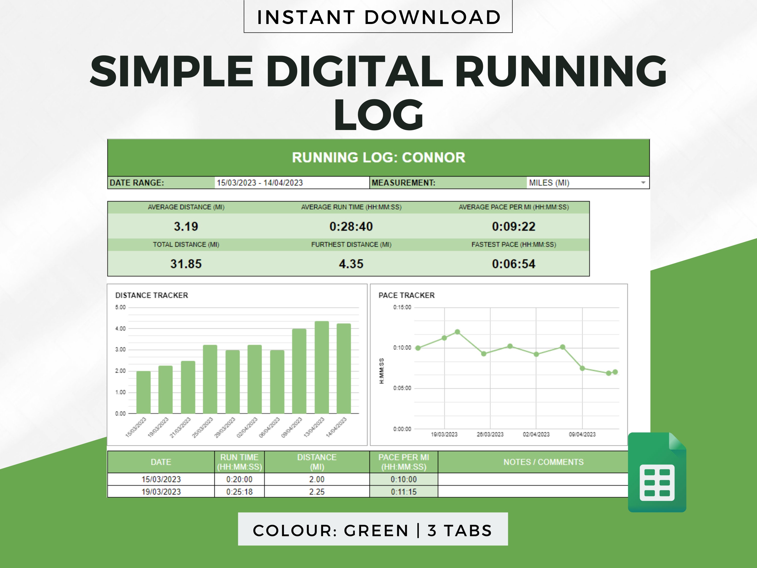 SIMPLE Digital Running Log Template for Google Sheets - Green, Running ...