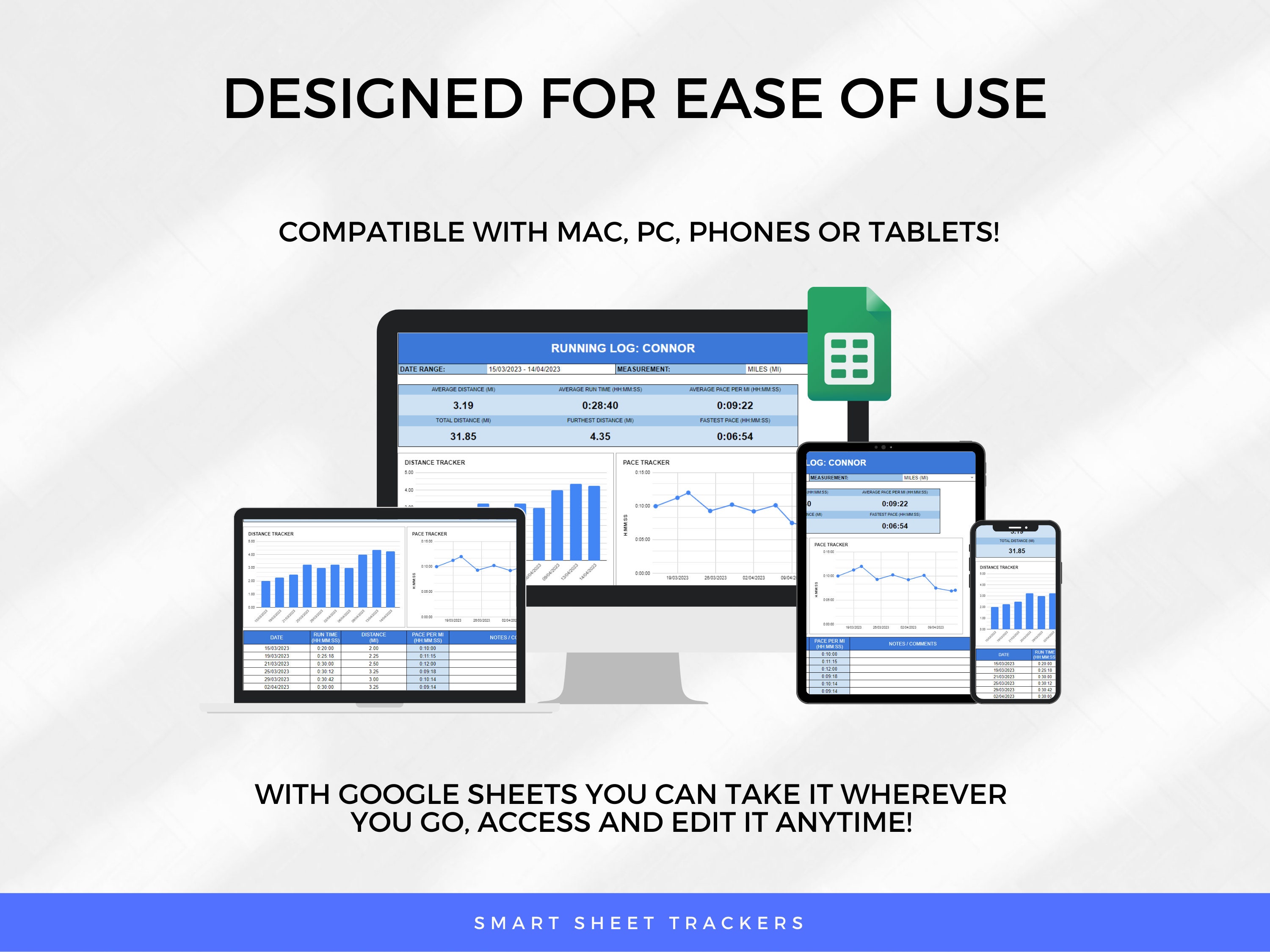 SIMPLE Digital Running Log Template for Google Sheets - Blue, Running ...