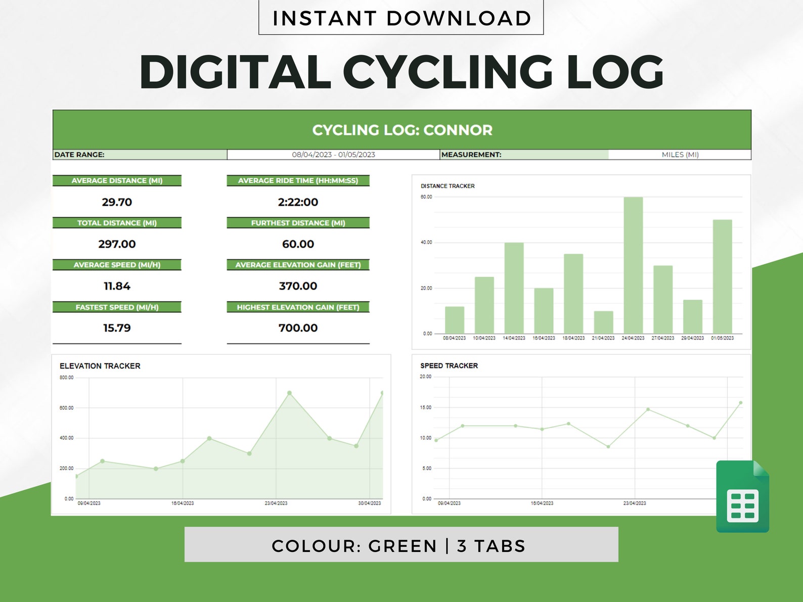 Digital Cycling Log Spreadsheet Template for Google Sheets - Green ...