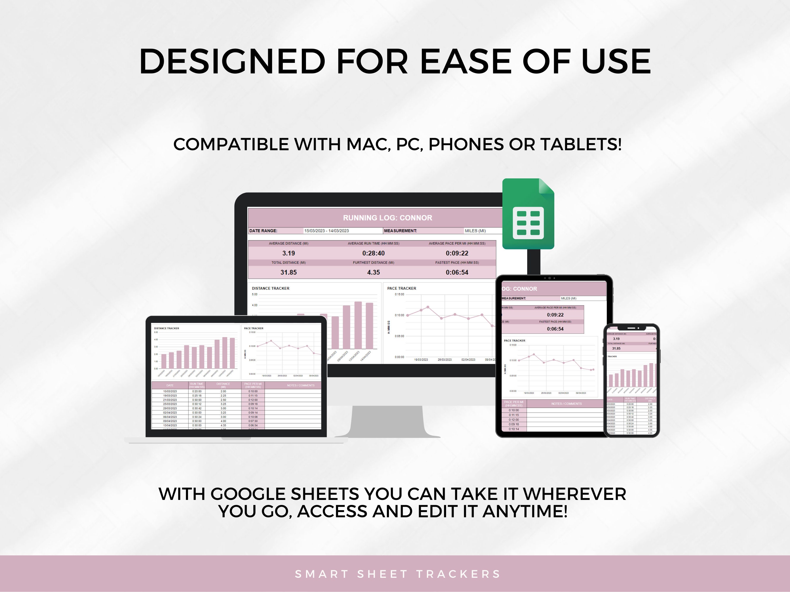 SIMPLE Digital Running Log Template for Google Sheets - Pink, Running ...