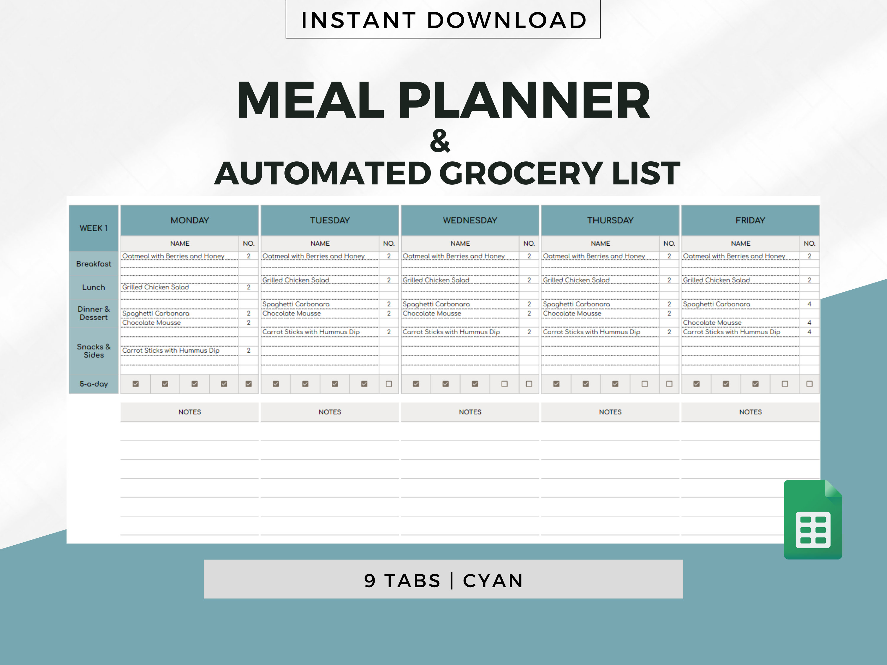 Weekly Meal Planner and Grocery List Google Sheets Digital Template ...
