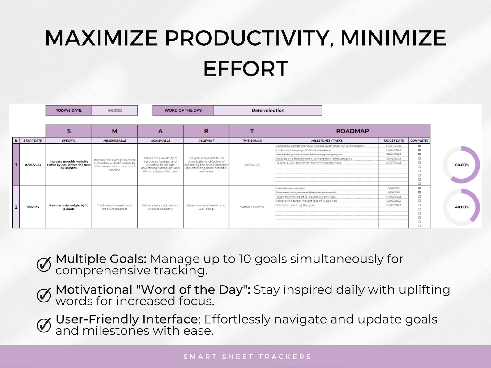 SMART Goal Setting Template for Google Sheets - Purple, Goal Planner ...