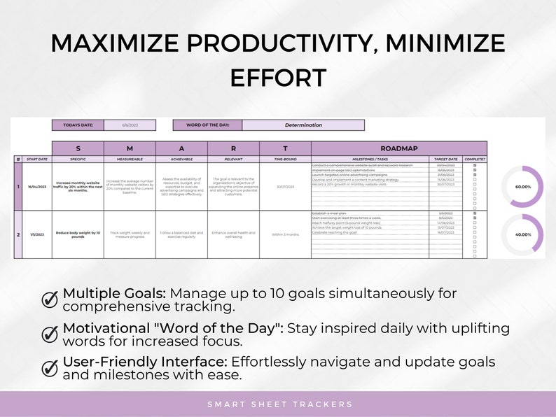 SMART Goal Setting Template for Google Sheets - Purple, Goal Planner ...