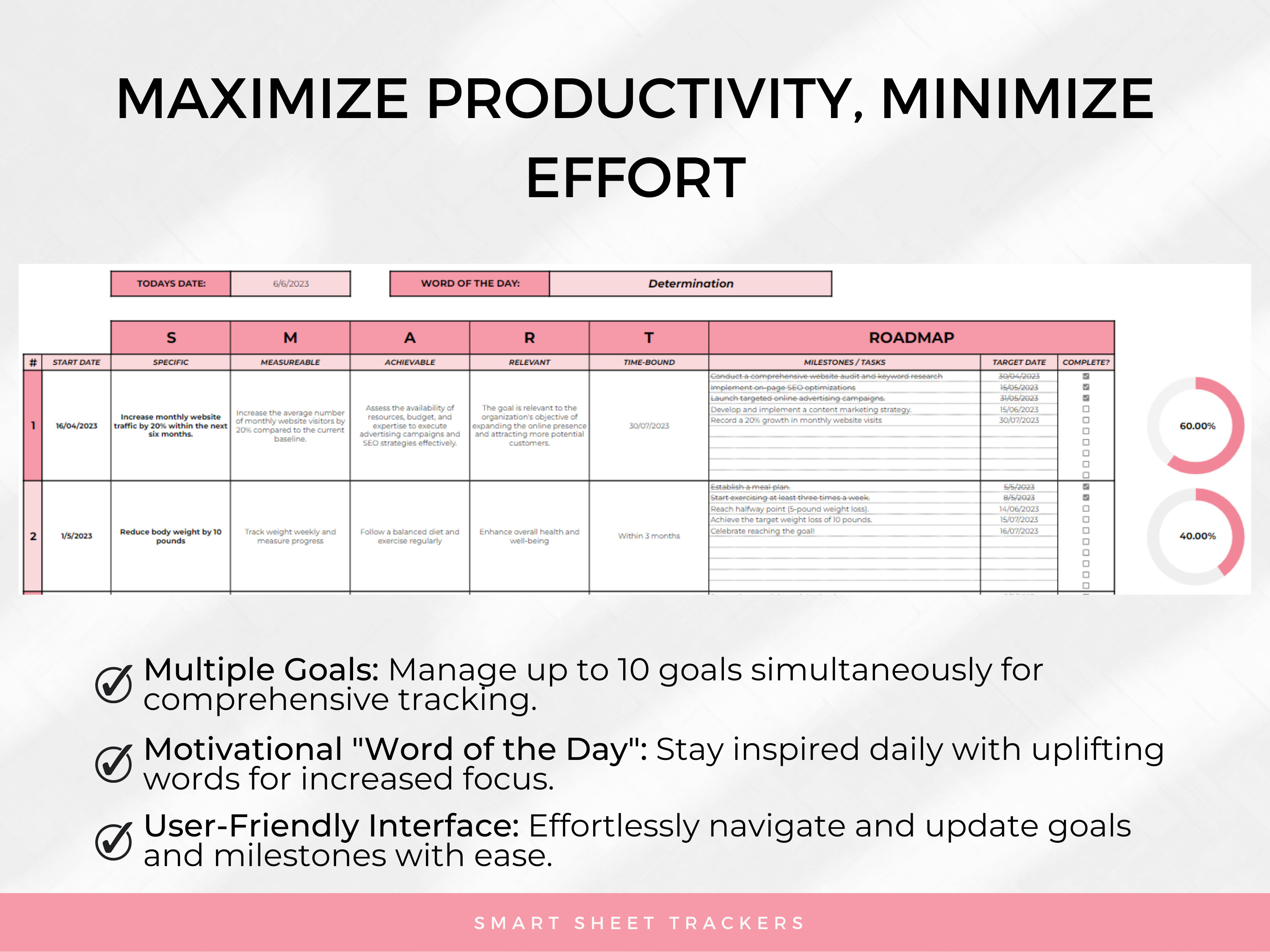 SMART Goal Setting Template for Google Sheets - Pink, Goal Planner ...