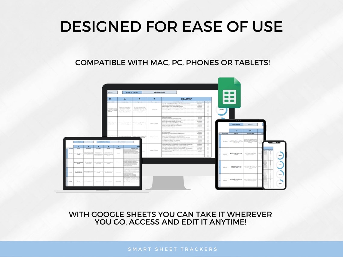 SMART Goal Setting Template for Google Sheets - Blue, Goal Planner ...