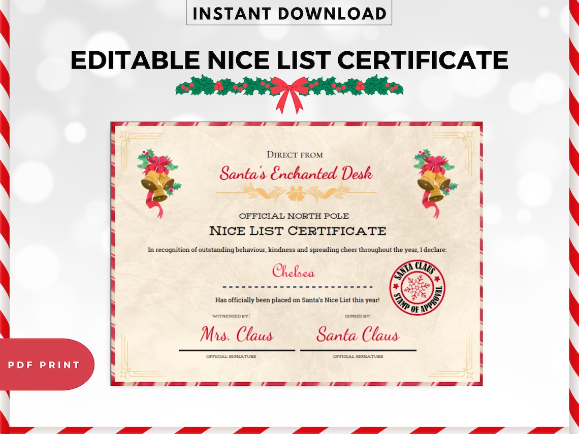 Editable Nice List Certificate From Santa Claus, Certificate From Santa ...
