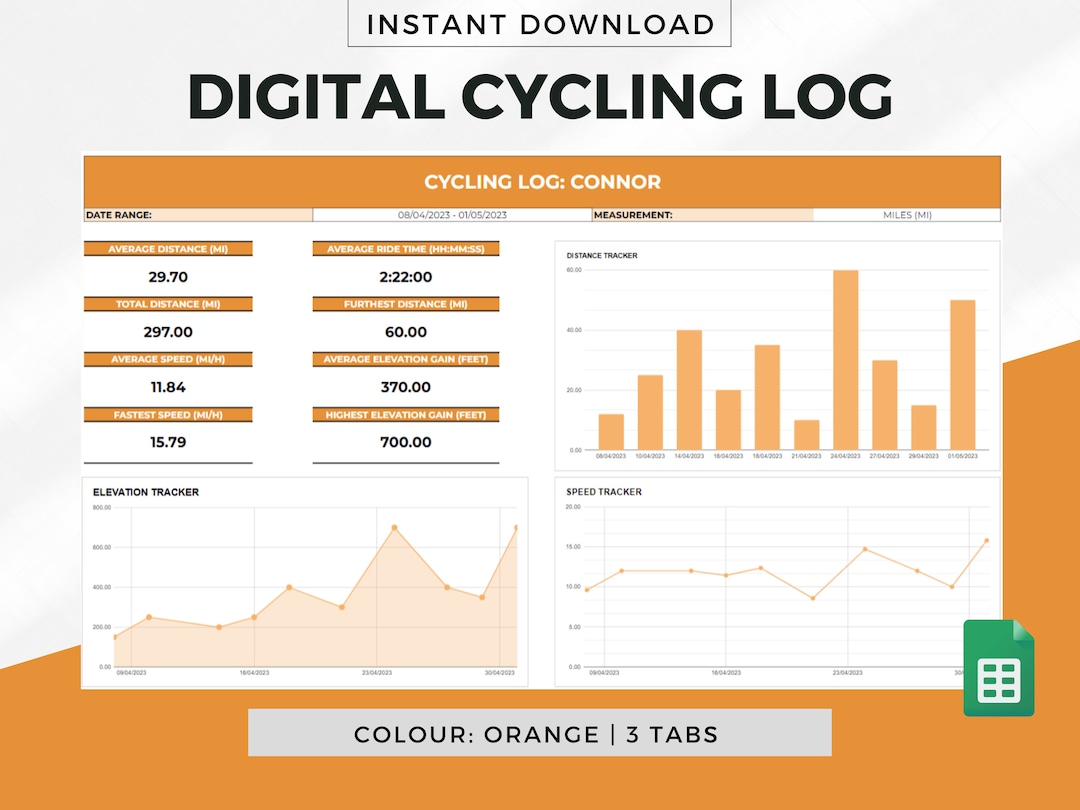 Digital Cycling Log Spreadsheet Template for Google Sheets - Orange ...