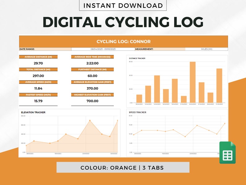 Digital Cycling Log Spreadsheet Template for Google Sheets - Orange ...