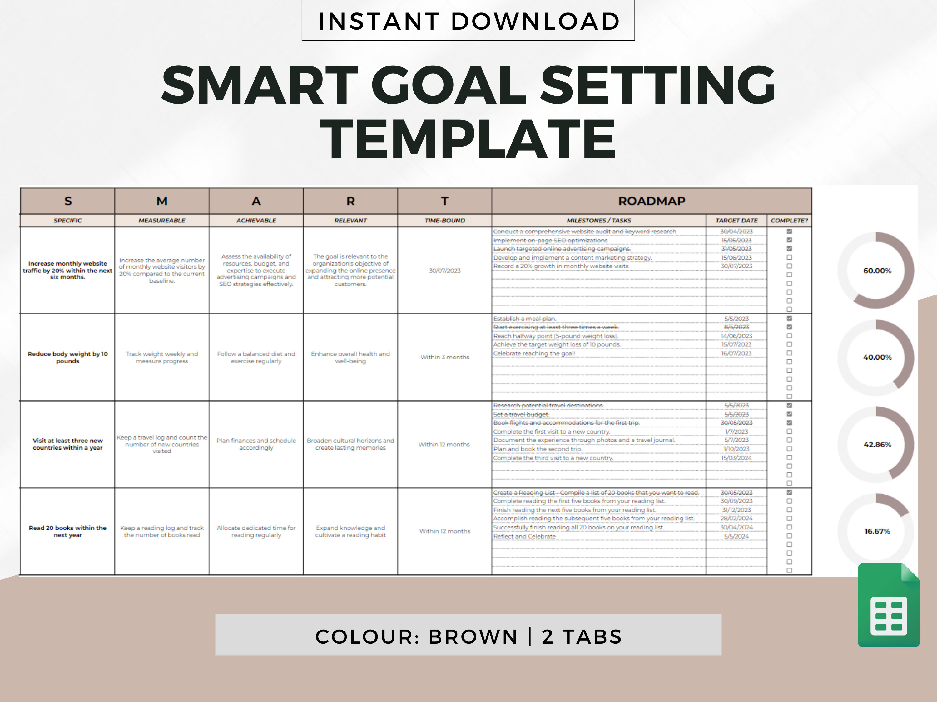 SMART Goal Setting Template for Google Sheets - Brown, Goal Planner ...