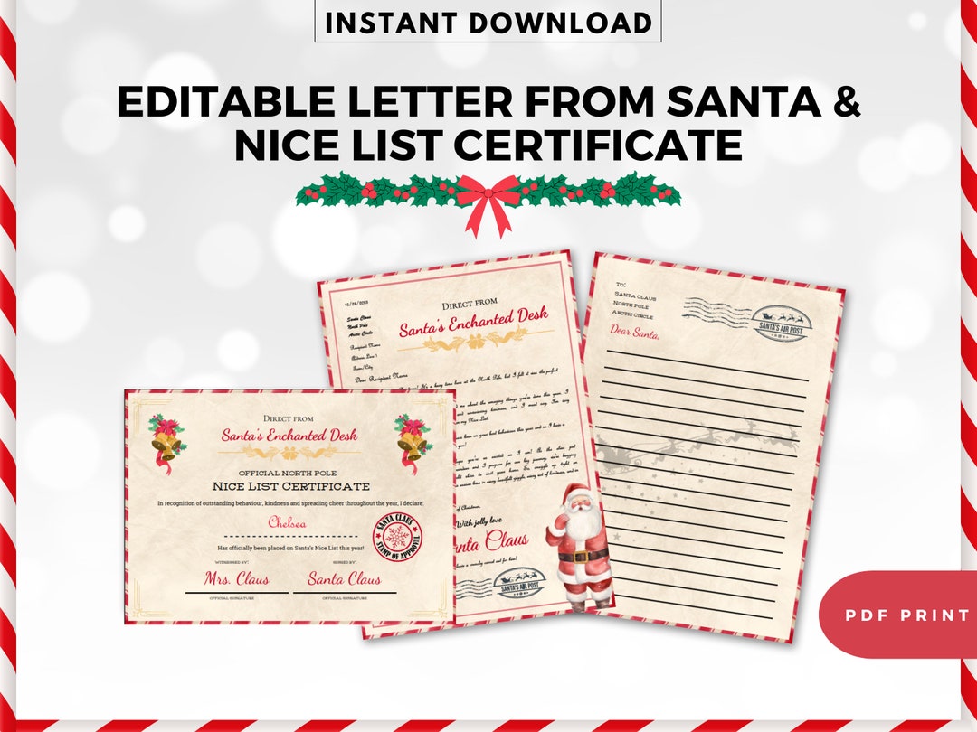Letter From Santa and Nice List Certificate, Editable Letter From Santa ...