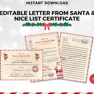 Letter From Santa and Nice List Certificate, Editable Letter From Santa ...