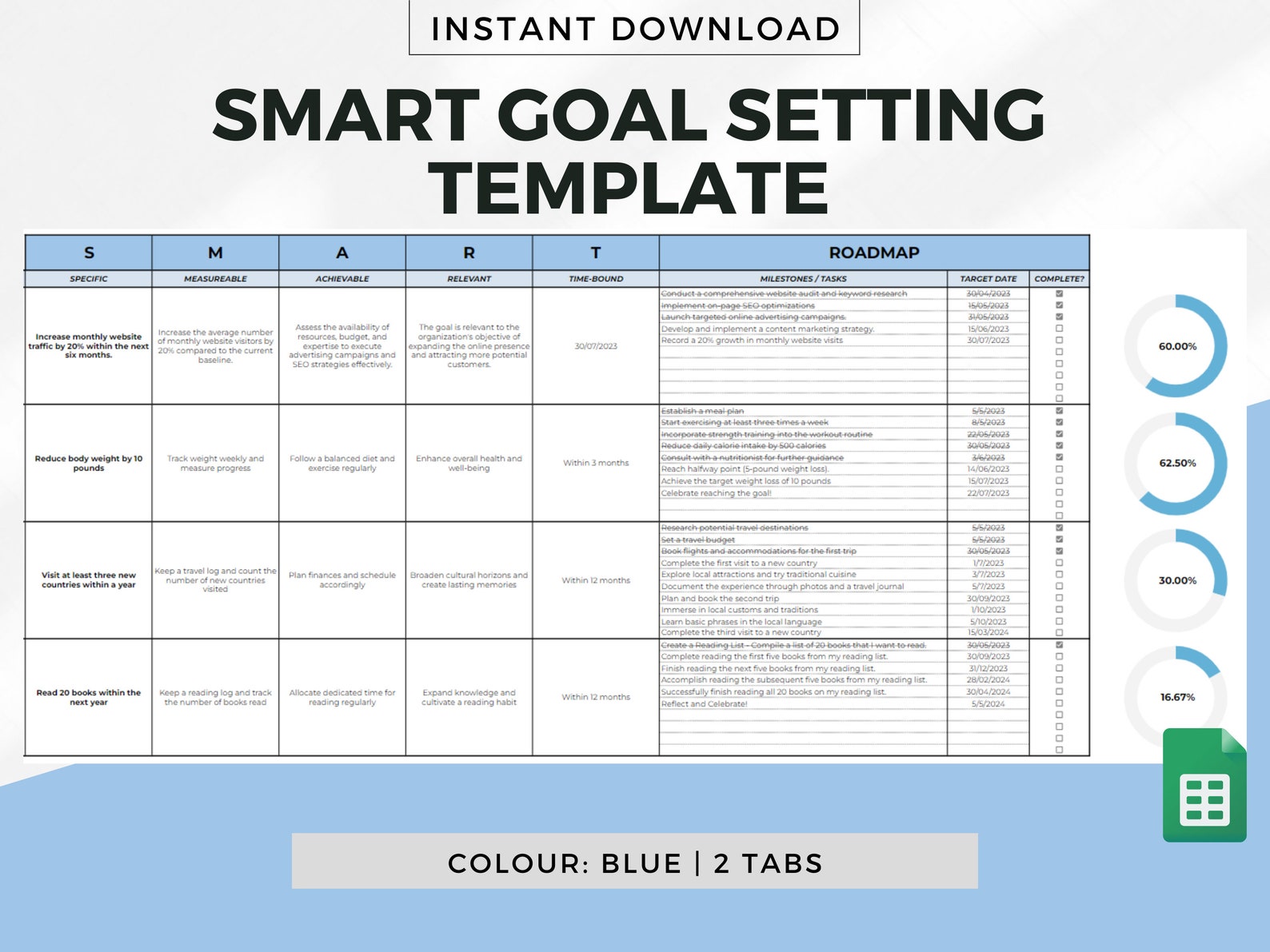SMART Goal Setting Template for Google Sheets - Blue, Goal Planner ...