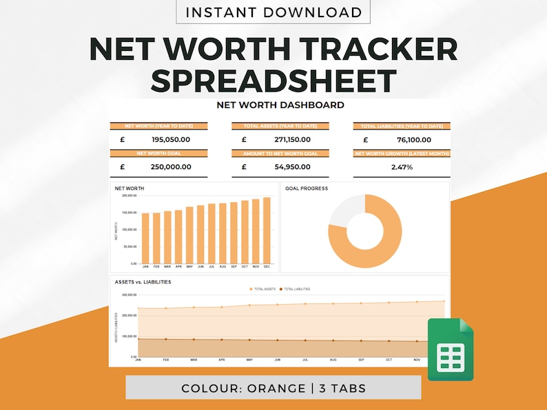 Monthly Net Worth Tracker Spreadsheet Template for Google Sheets - Orange, Net Worth, Wealth ...