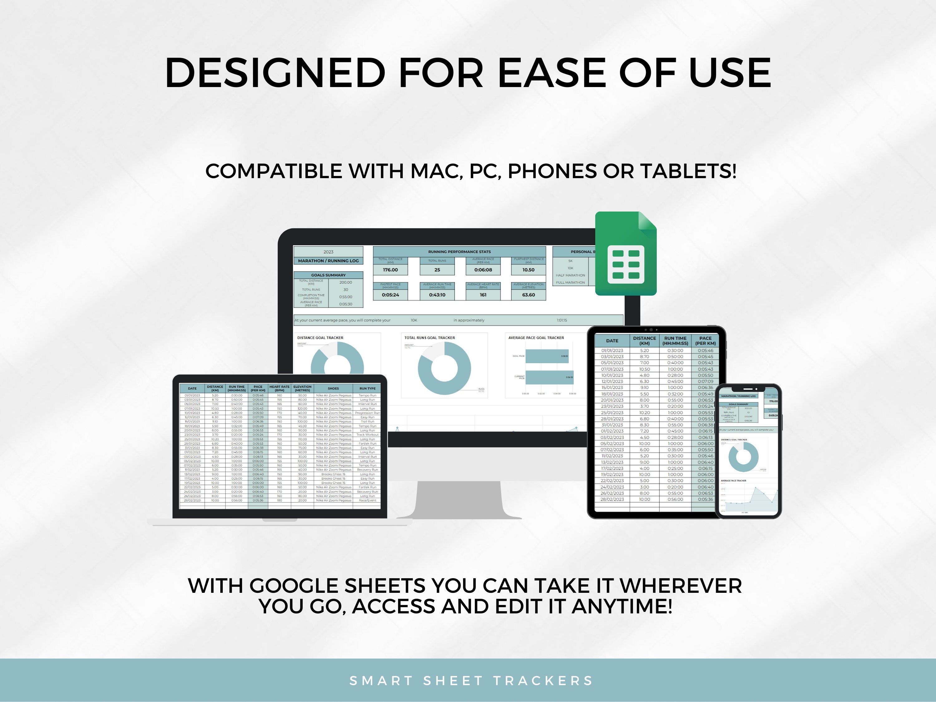 Marathon Training Log Spreadsheet for Google Sheets Teal, Running Log ...