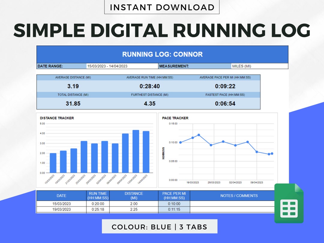 SIMPLE Digital Running Log Template for Google Sheets Blue - Etsy