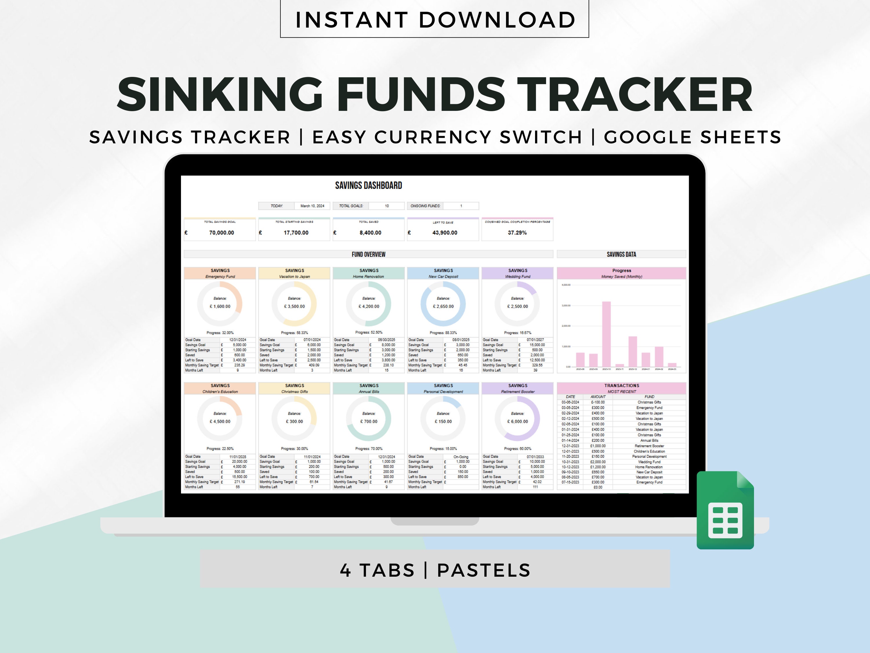 Sinking Funds Tracker Spreadsheet for Google Sheets, Savings Tracker ...