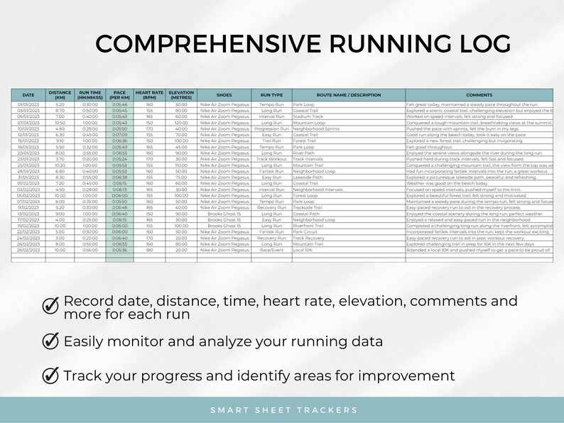 Marathon Training Log Spreadsheet for Google Sheets - Teal, Running Log ...
