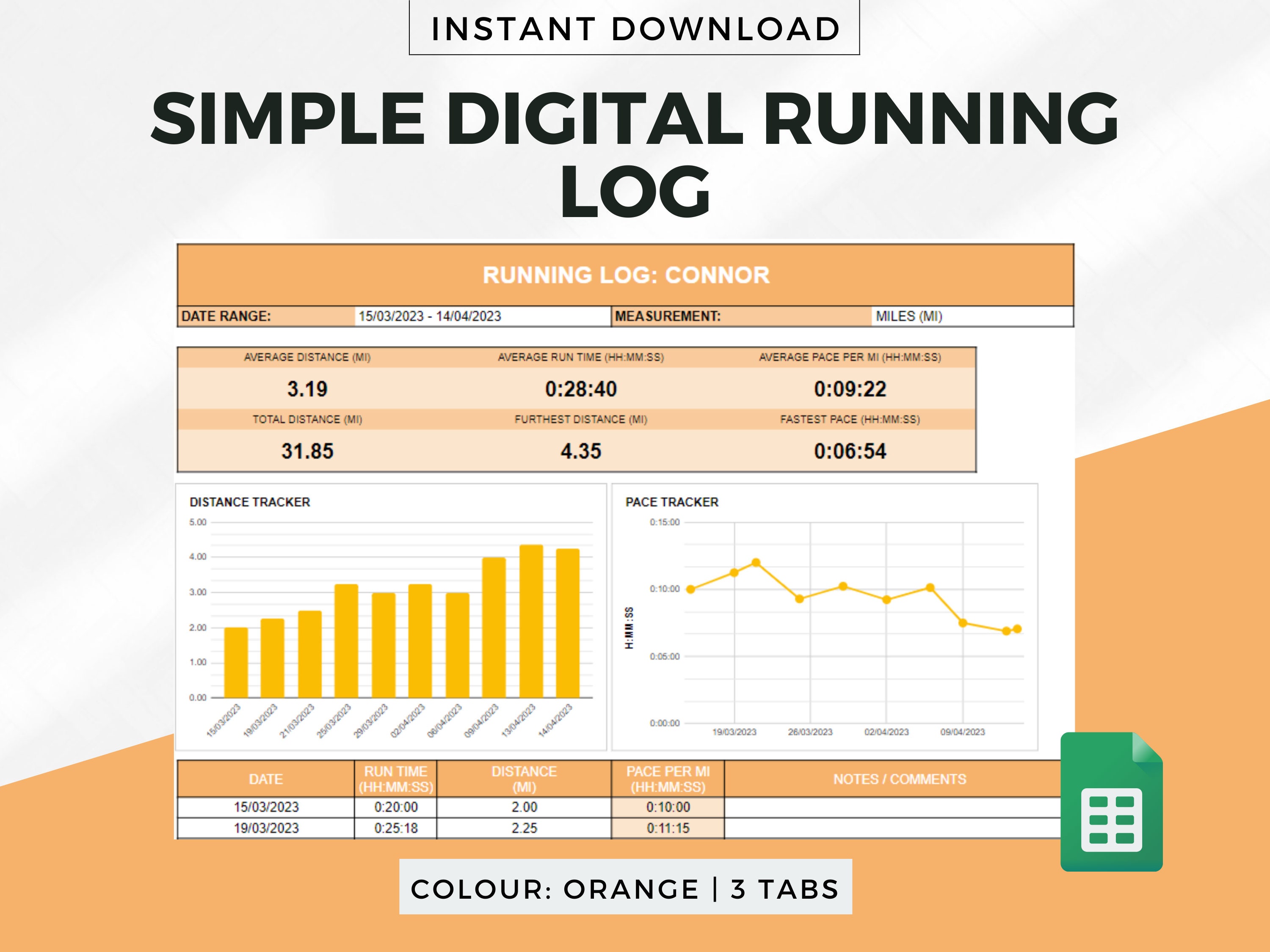 SIMPLE Digital Running Log Template for Google Sheets - Orange ...