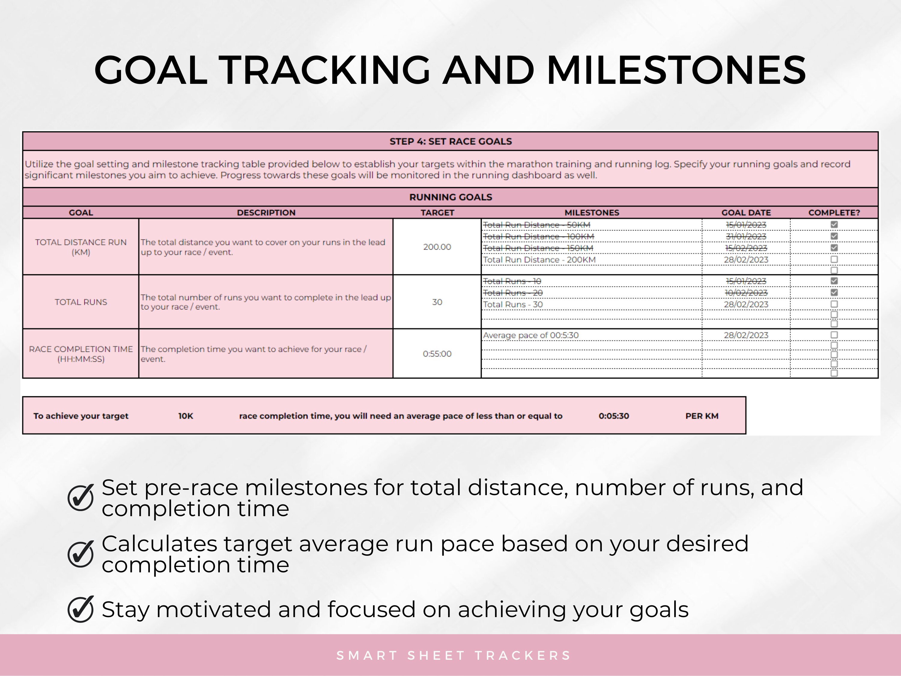 Marathon Training Log Spreadsheet for Google Sheets - Pink, Running Log ...