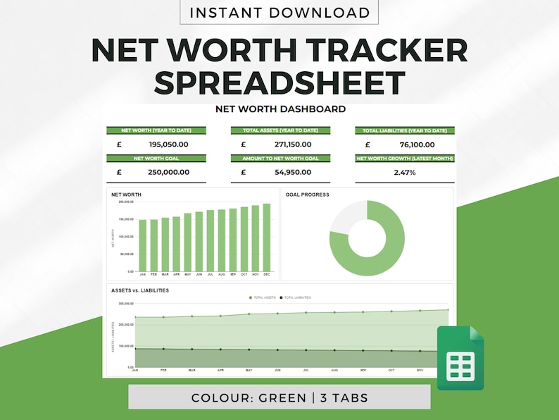 Net Worth Tracker Spreadsheet Template for Google Sheets - Green, Net ...