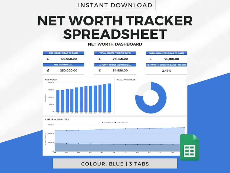 Net Worth Tracker Spreadsheet Template for Google Sheets - Blue, Net ...