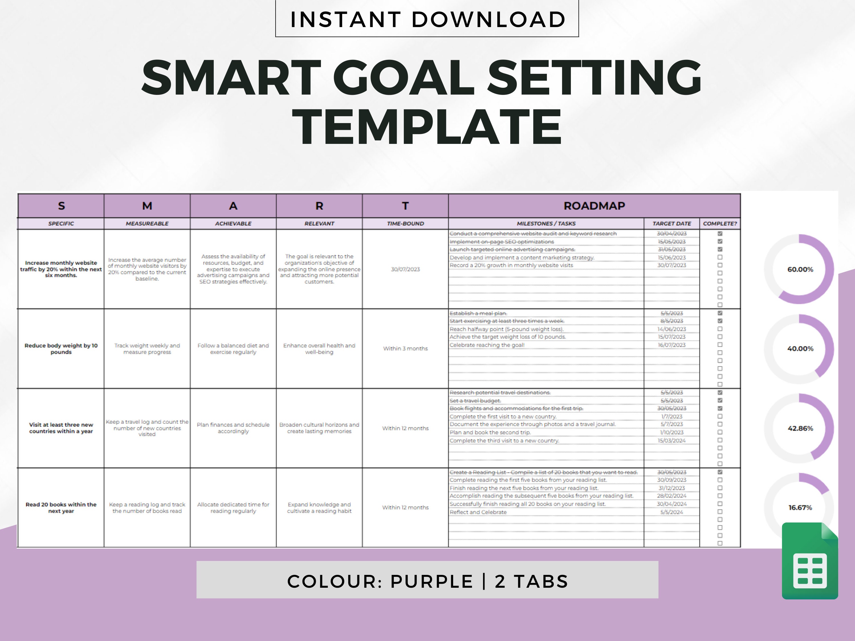 SMART Goal Setting Template for Google Sheets - Purple, Goal Planner ...