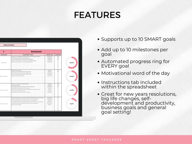 SMART Goal Setting Template for Google Sheets - Pink, Goal Planner ...