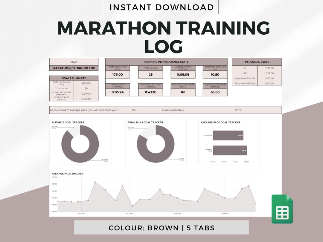 Marathon Training Log Spreadsheet for Google Sheets - Brown, Running ...