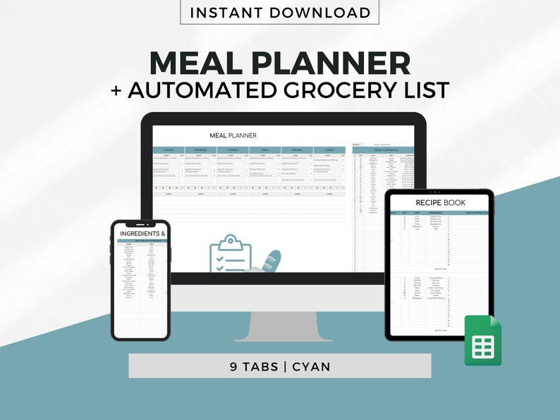 Weekly Meal Planner and Grocery List | Google Sheets Digital Template ...