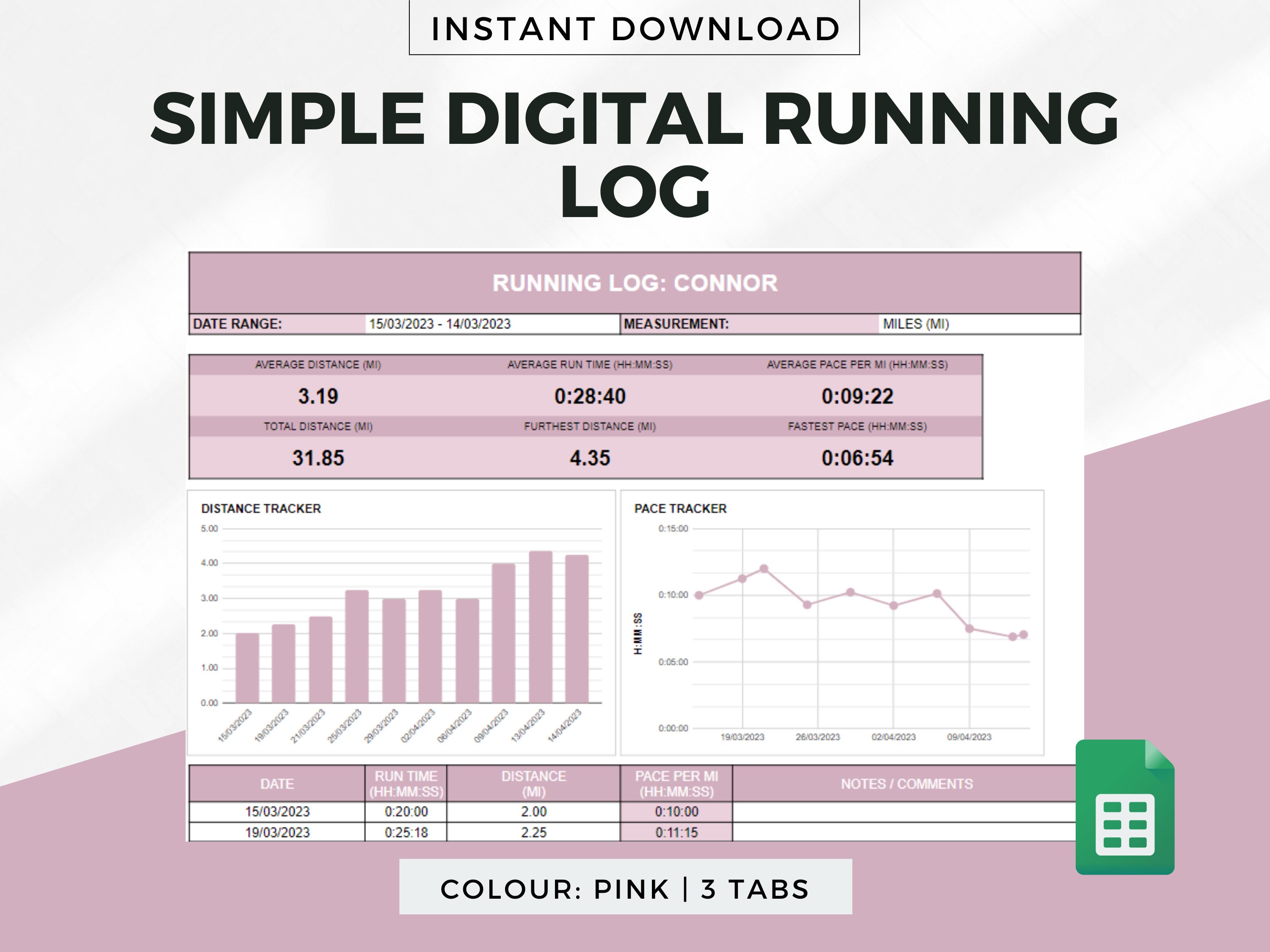 SIMPLE Digital Running Log Template for Google Sheets - Pink, Running ...