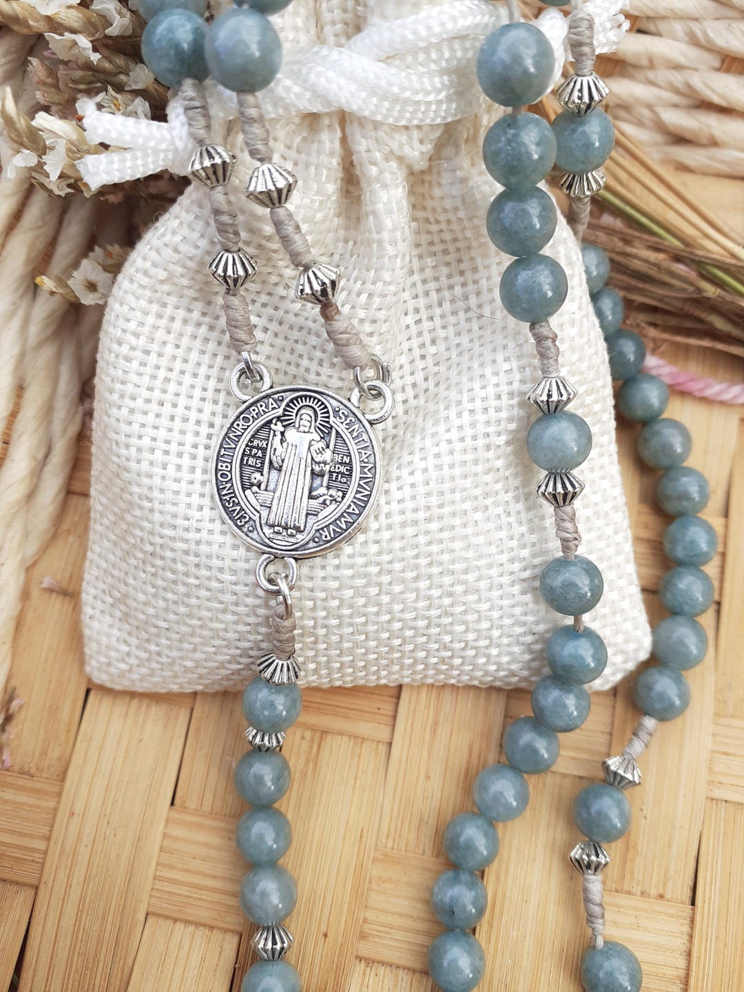 Rosary of Saint Benedict, Made of Natural Burmese Jade Stone, Waxed Thread, Virgin Garabandal ...
