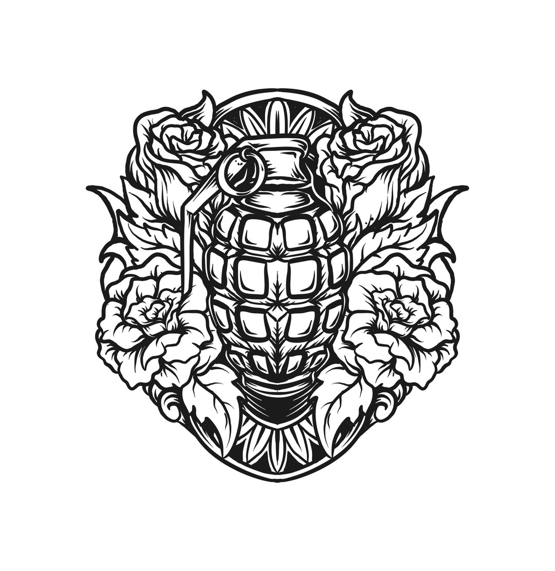 Grenade and Roses, God of War, Black White Illustration, Engraving ...