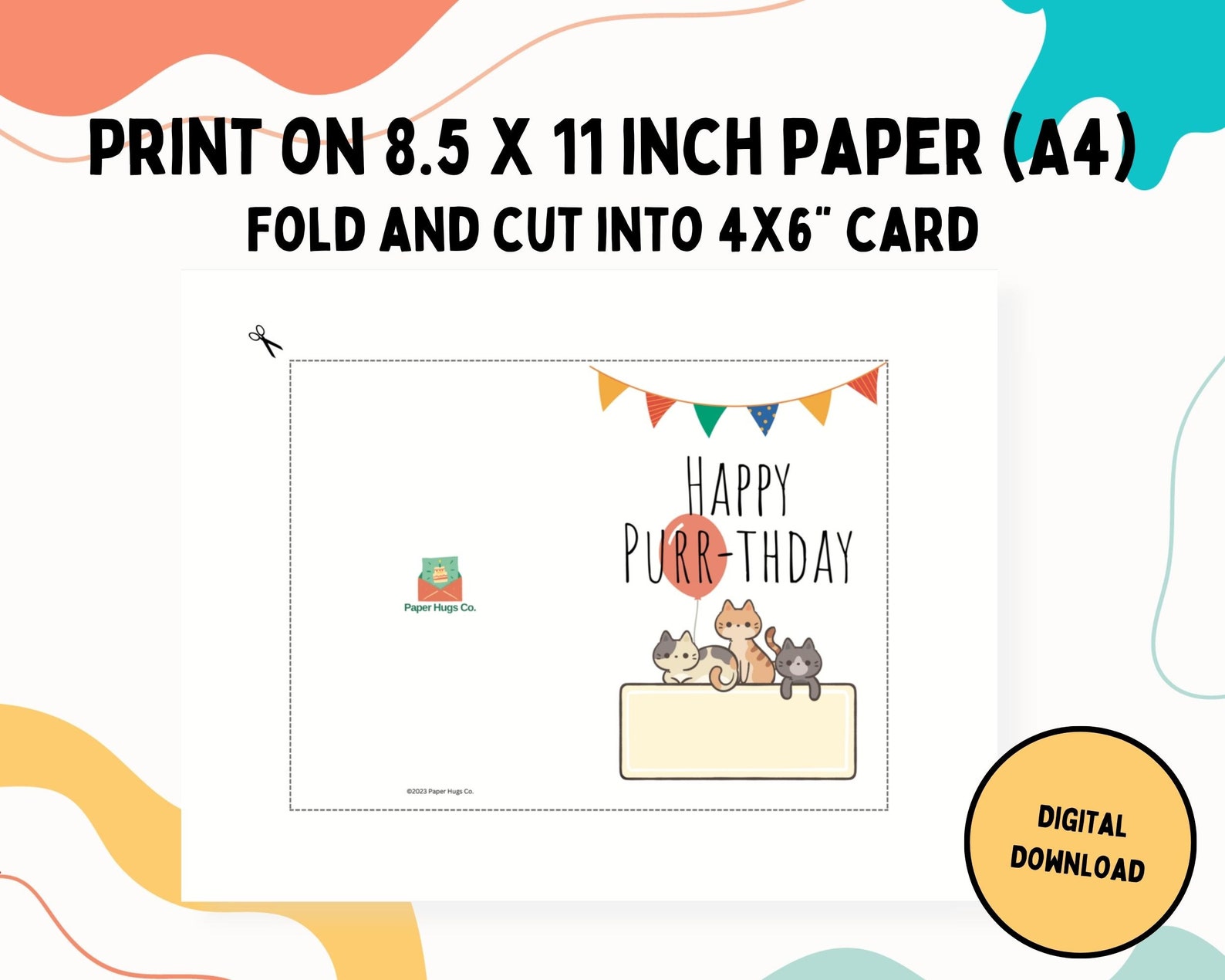 Printable Cats Birthday Card, Instant Download, 4x6 Inches, Birthday ...