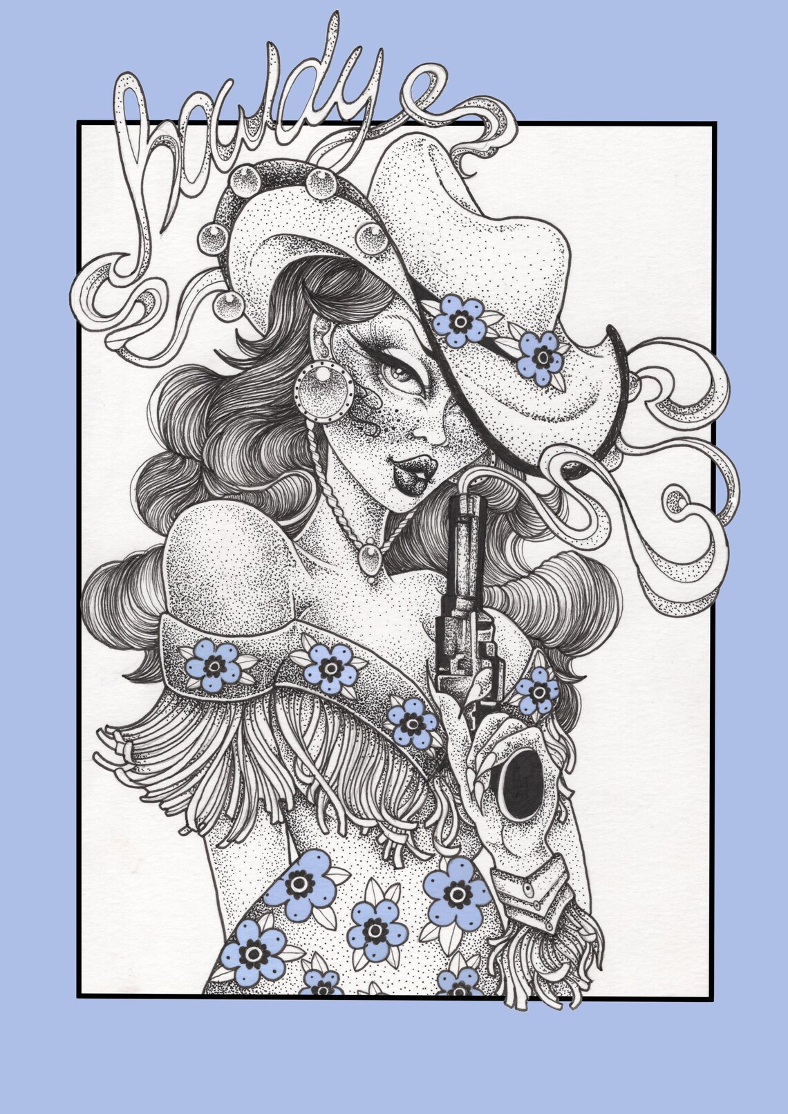 Cowgirl Pin Up Western Tattoo Art Print Two Colours Available Etsy