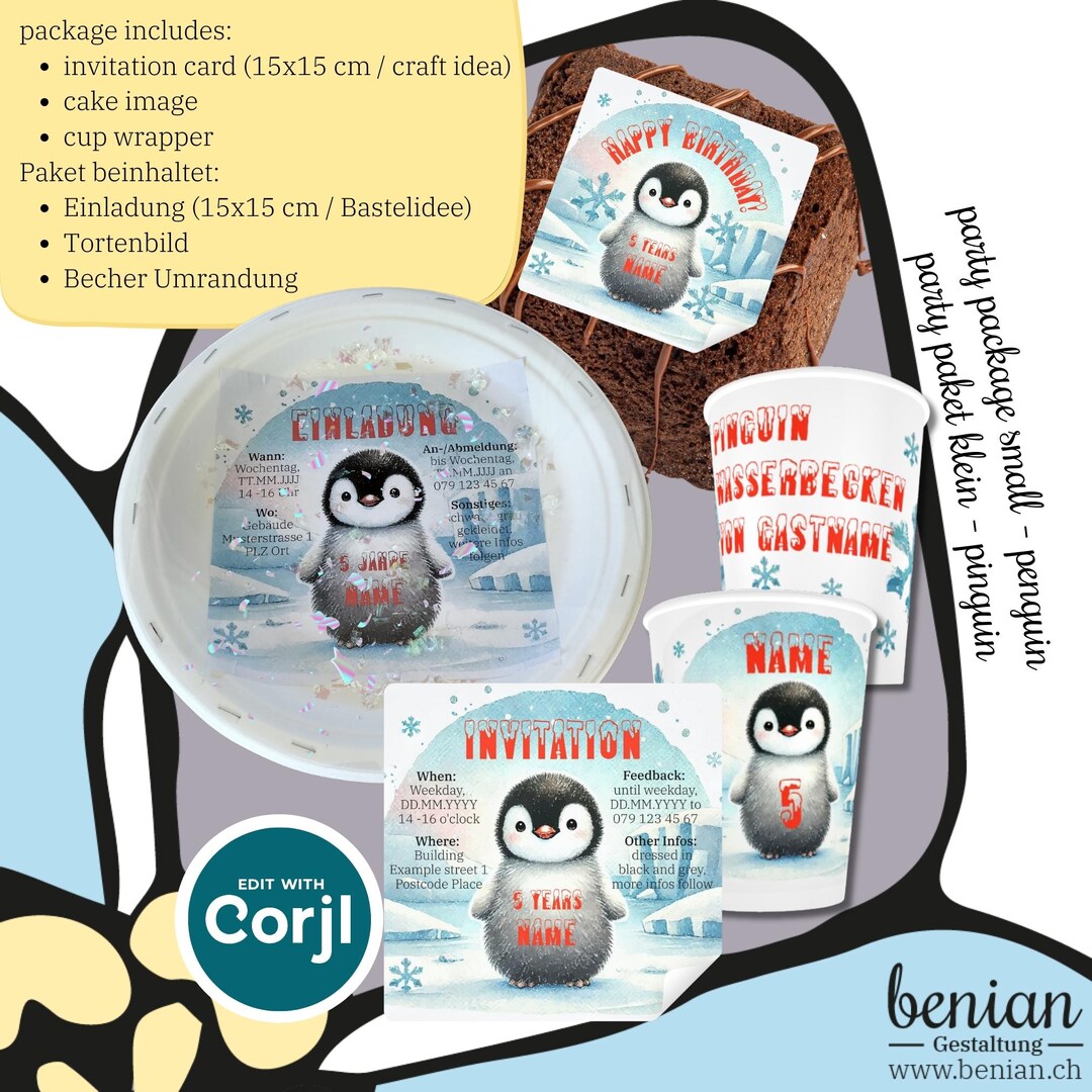 Personalisable Penguin Theme Party Package Small - Invitation, Cup ...